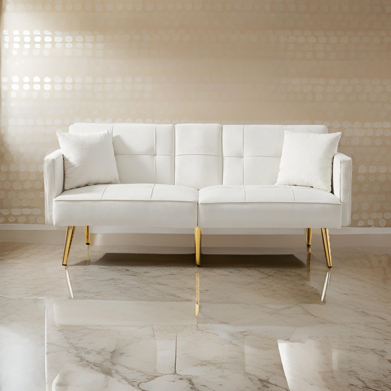 Velvet Futon Sofa Bed with Gold Metal Legs Mercer41 Upholstery Color Cream White